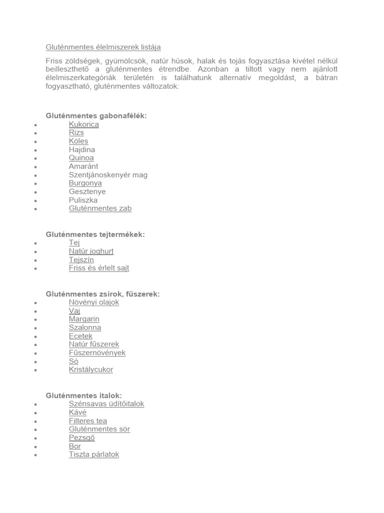 Gluténmentes Élelmiszerek Listája | PDF