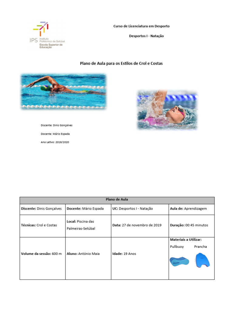Plano de Aula Crol e Costas | PDF