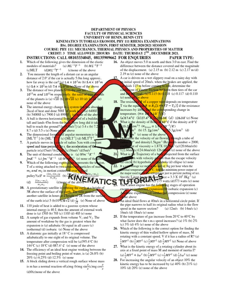 Phy 111 Rhema. Kinematics | PDF | Momentum | Rotation Around A Fixed Axis