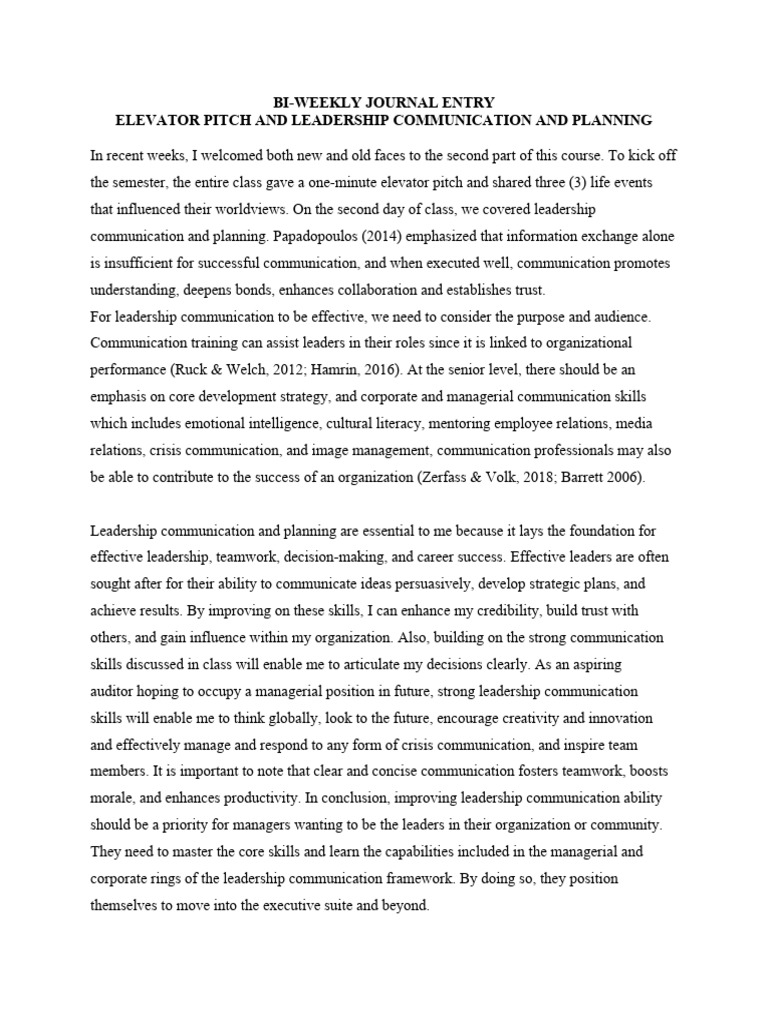 Bi-Weekly Journal Entry - Pitch & Leadership Communication | PDF ...