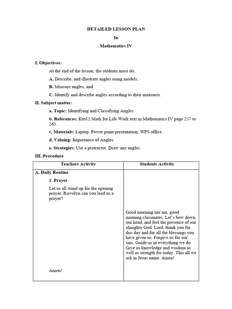 DETAILED LESSON PLAN-Math | PDF | Angle | Prayer