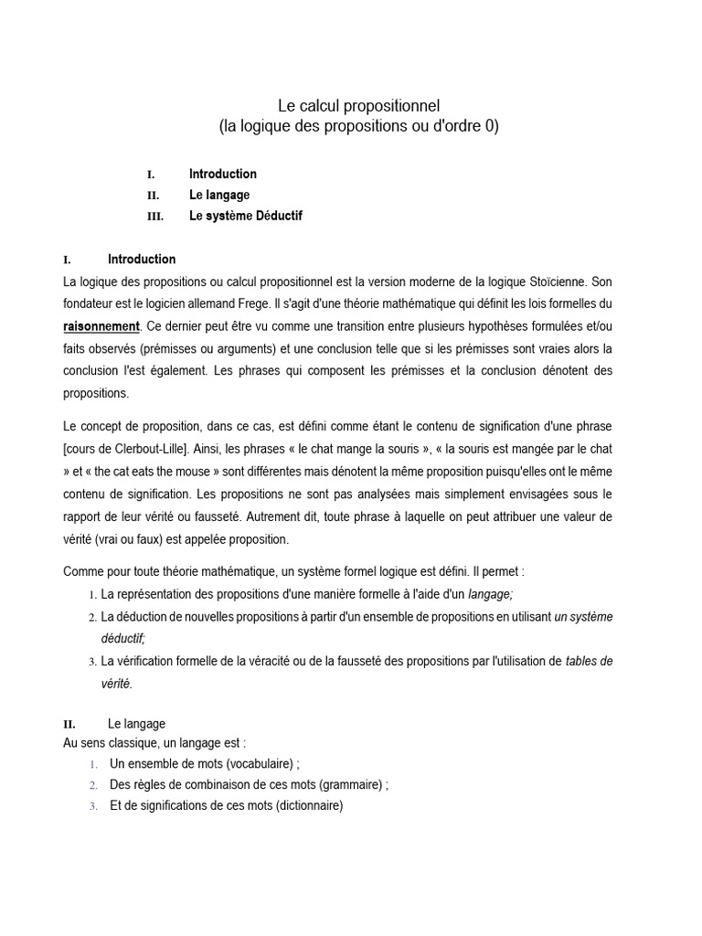 Chapitre 1 Logique Des Propositions - Etude Syntaxique - Le Langage Et ...