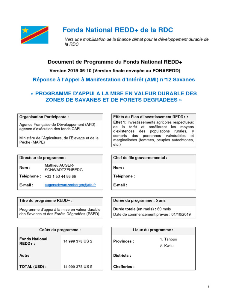 Programme REDD+ pour Savanes en RDC | PDF | Développement durable ...