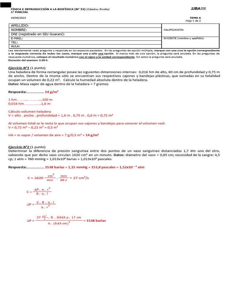Primer Parcial Biofisica Uba Xxi TEMA 6 CLAVE | PDF