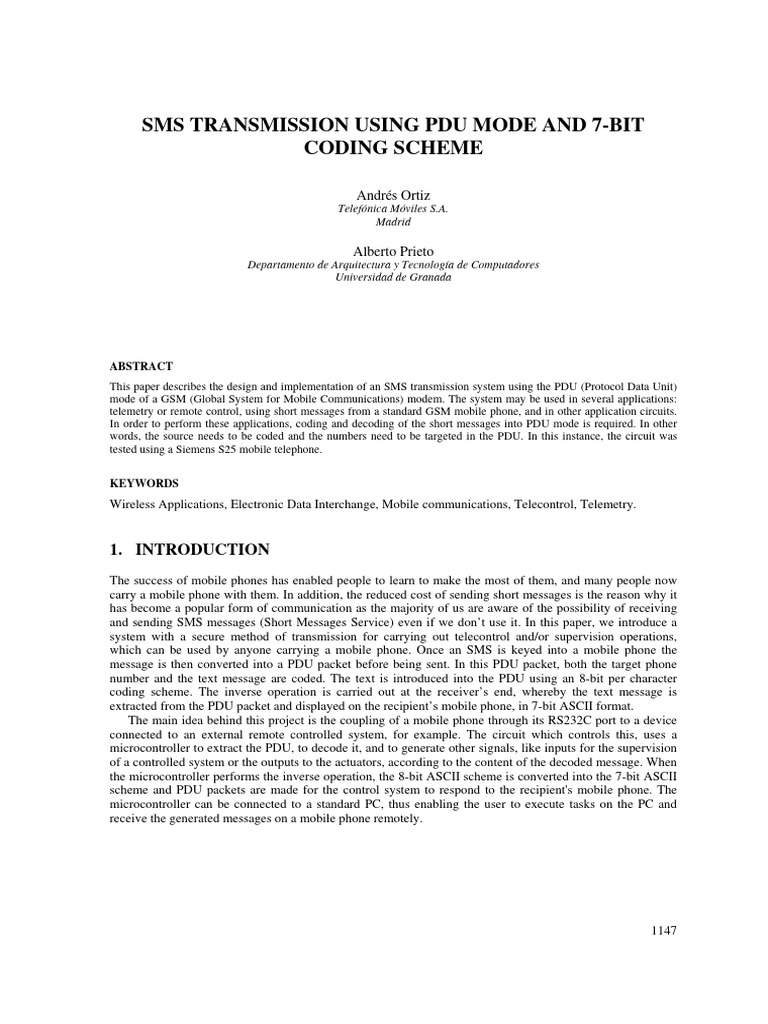 Sms Transmission Using Pdu Mode and Bit Coding Scheme | PDF