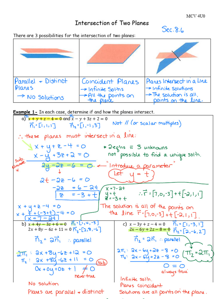 3 8 Intersection Of Planes Solutions Pdf Euclidean Geometry
