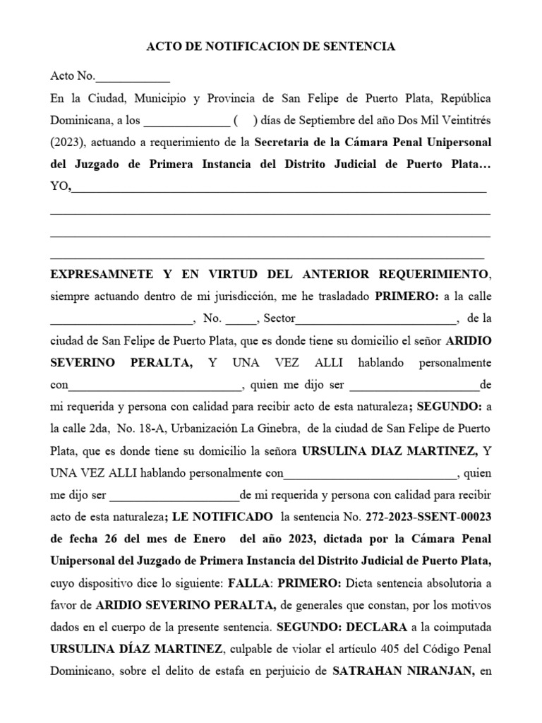 Acto de Notificacion de Sentencia 2023 | PDF | Sentencia (ley) | Castigos Acto de Notificacion de Sentencia 2023 | PDF | Sentencia (ley) | Castigos
