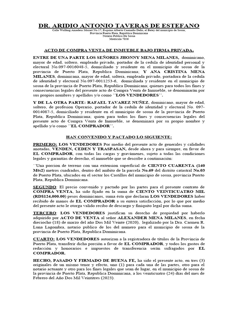 Acto de Venta Rafael Tavarez Nuñez | PDF | República Dominicana | Ley común