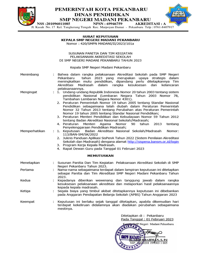 SK TIM AKREDITASI MADANI 2023 Revisi | PDF