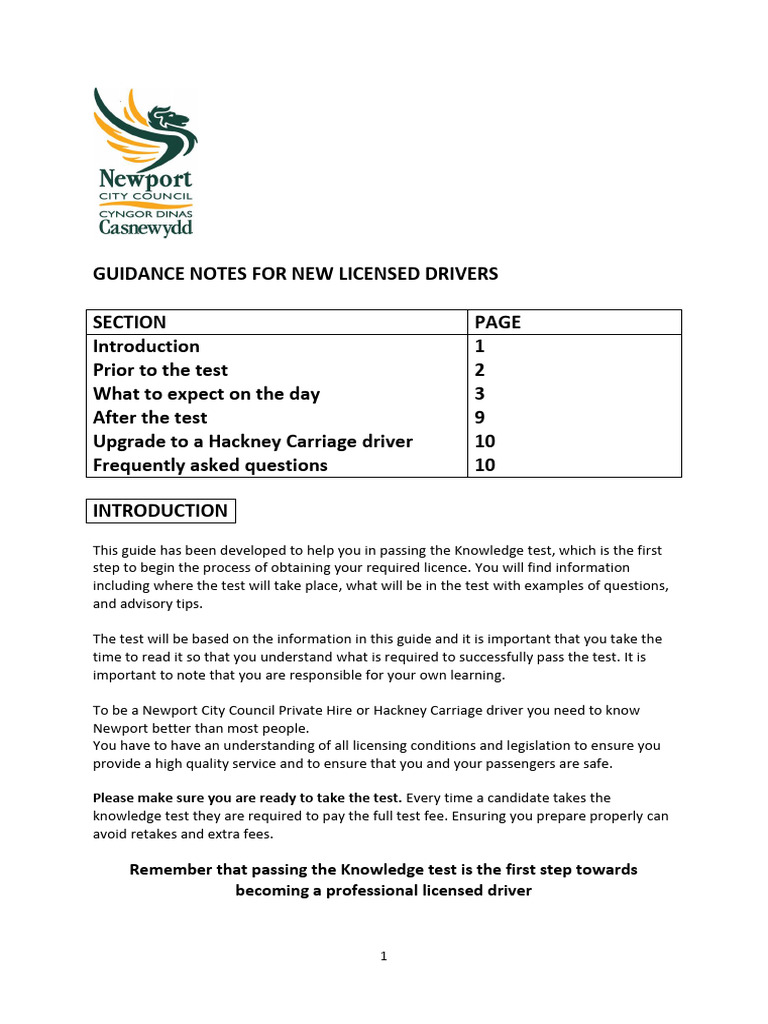 Newport Taxi Driver Test Guide | PDF
