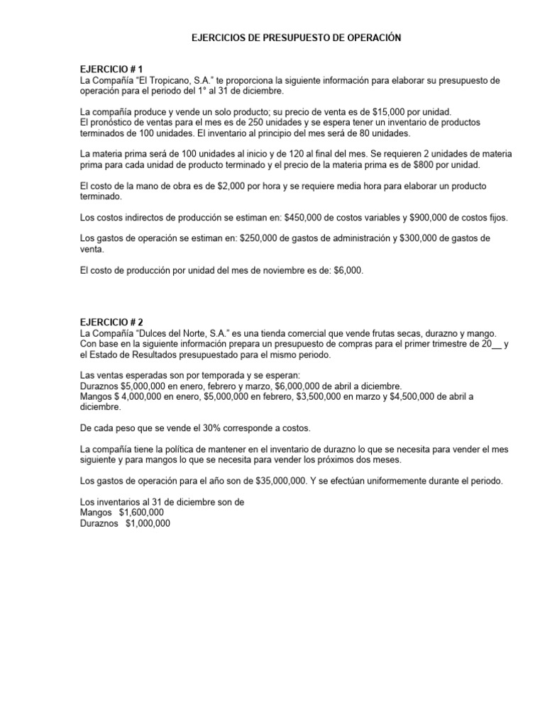 Ejercicios de Presupuesto de Operación | PDF
