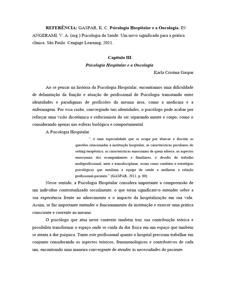 Resumo - Cap 3 História Da Psicologia Hospitalar e A Oncologia | PDF
