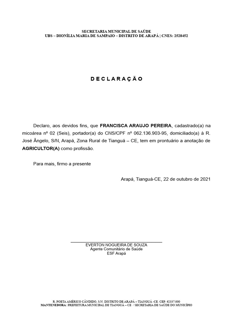 Modelo - Declaração de Agricultor (a).Doc | PDF