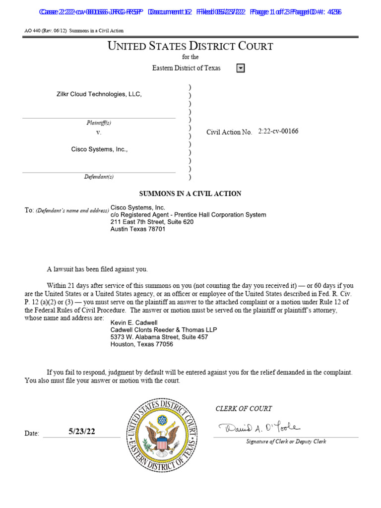012 05.27.22 - Return of Service On Def Cisco Systems Served 5-27-22 | PDF