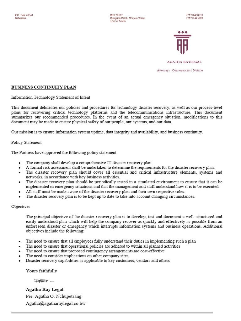 Sample Continuity Plan | PDF