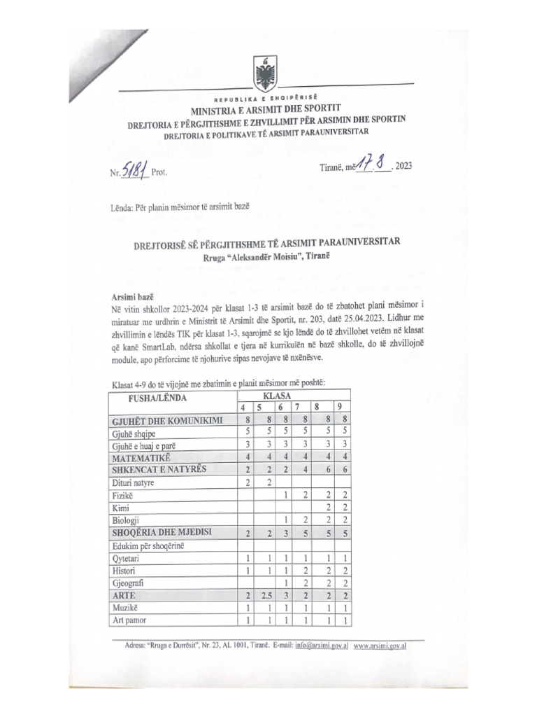 Per Planin Mesimor Te Arsimit Baze | PDF