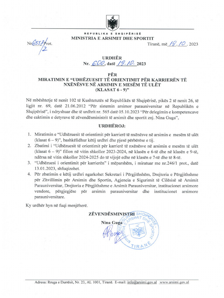 Urdher Nr.600 Date 19.10.2023 Per Miratimin e Udhezuesit Te Orientimit ...
