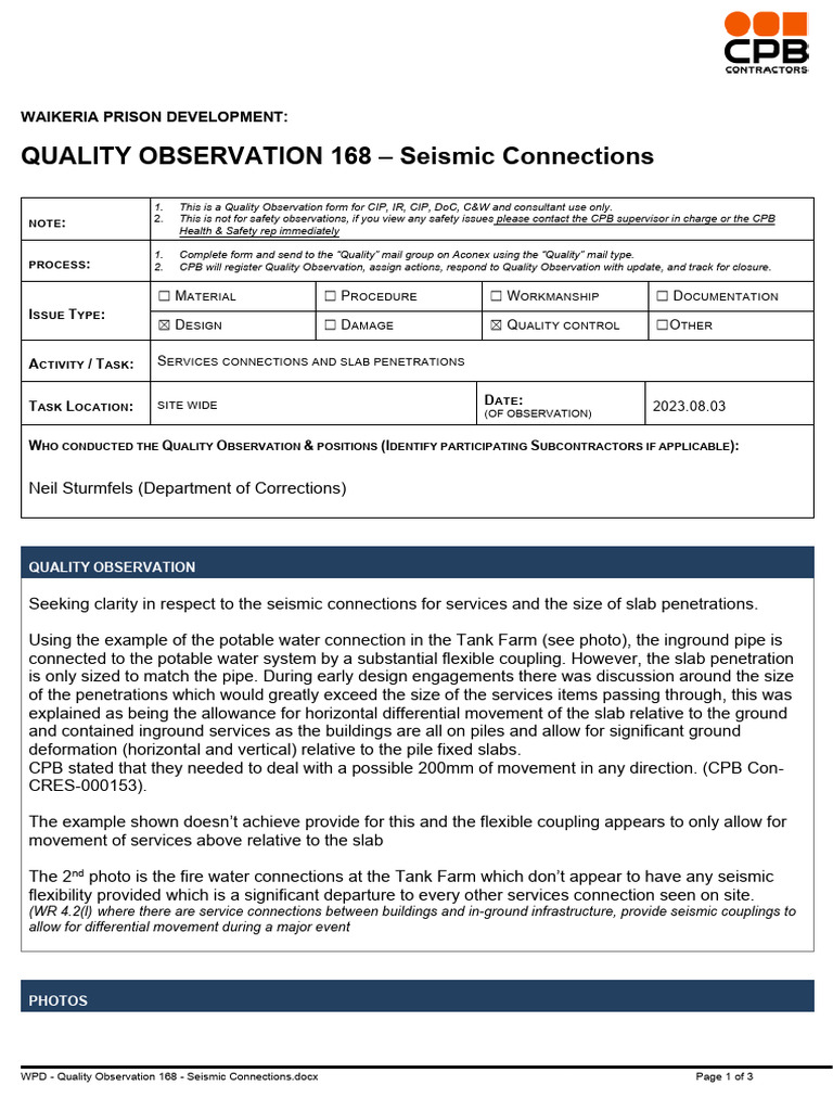 WPD - Quality Observation 168 - Seismic Connections | PDF