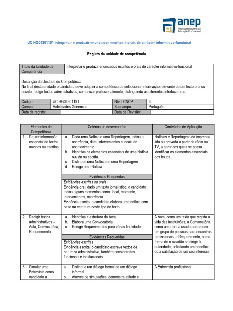 UC - HG04301191 - Interpretar e Produzir Enunciados Escritos e Orais de ...