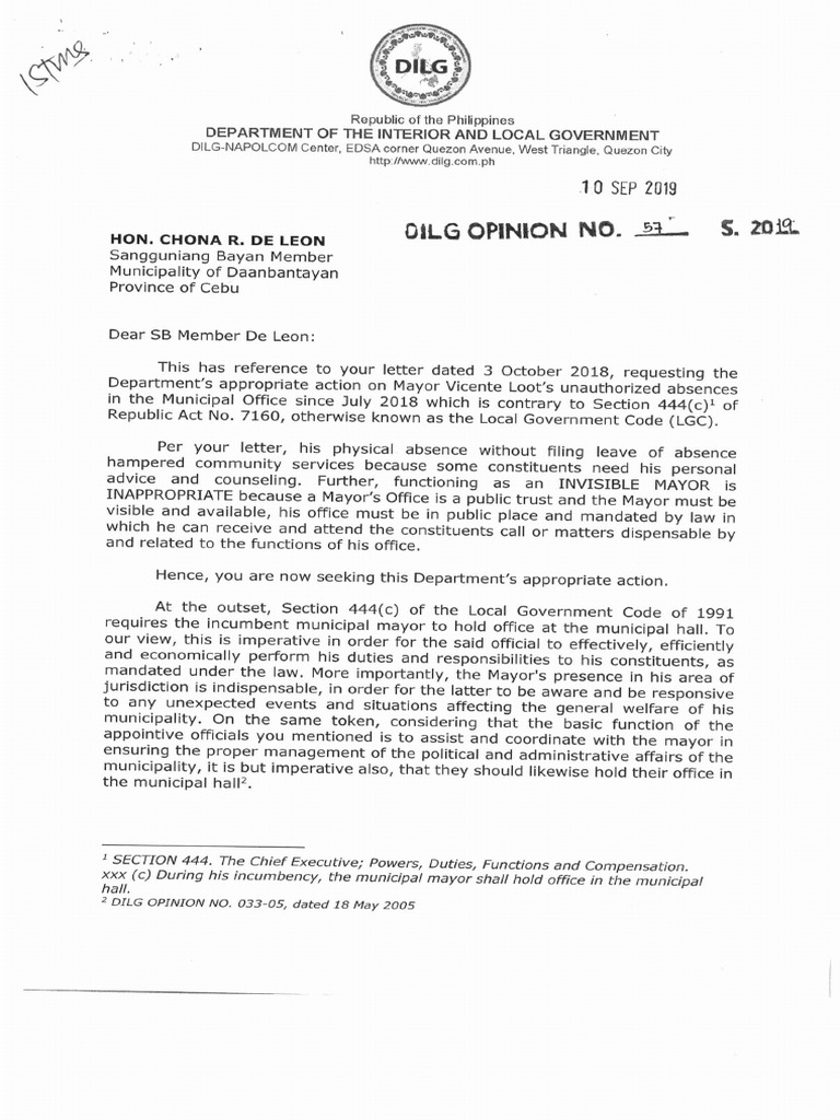 Dilg Legal Opinion On Complaint Against An Elective Official | PDF