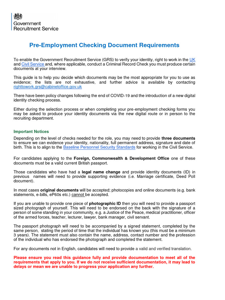 Pre-Employment Checking Document Requirements: UK Civil Service | PDF