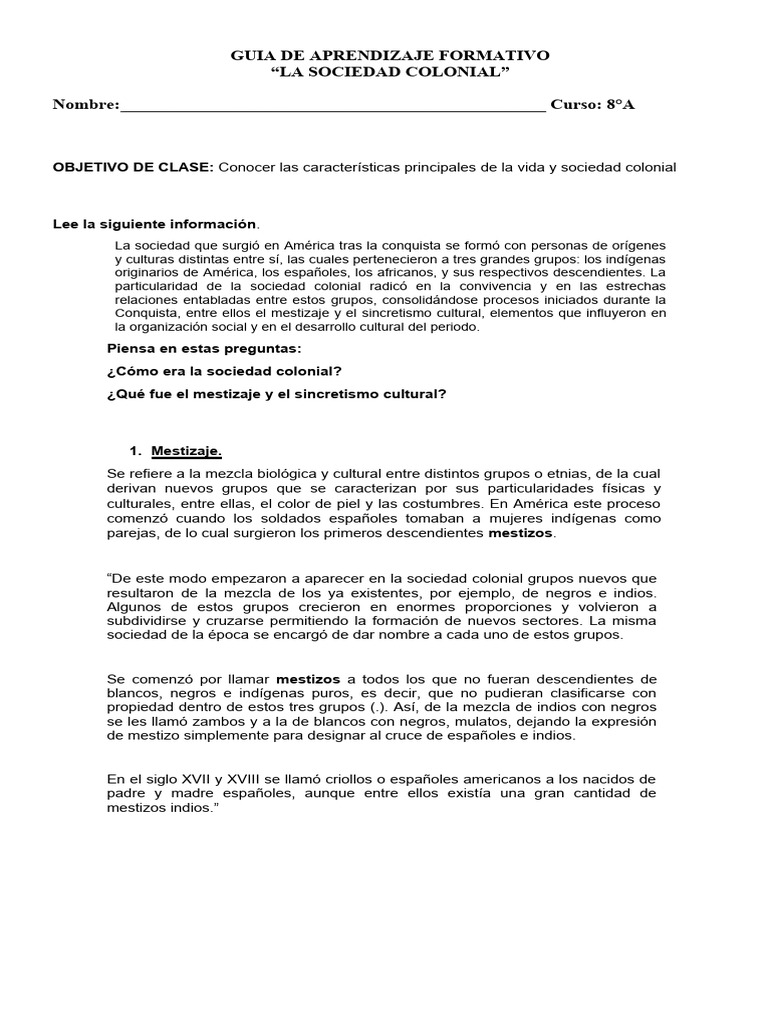 Clase 6 Guía La Sociedad Colonial y Los Grupos | PDF | Etnicidad ...