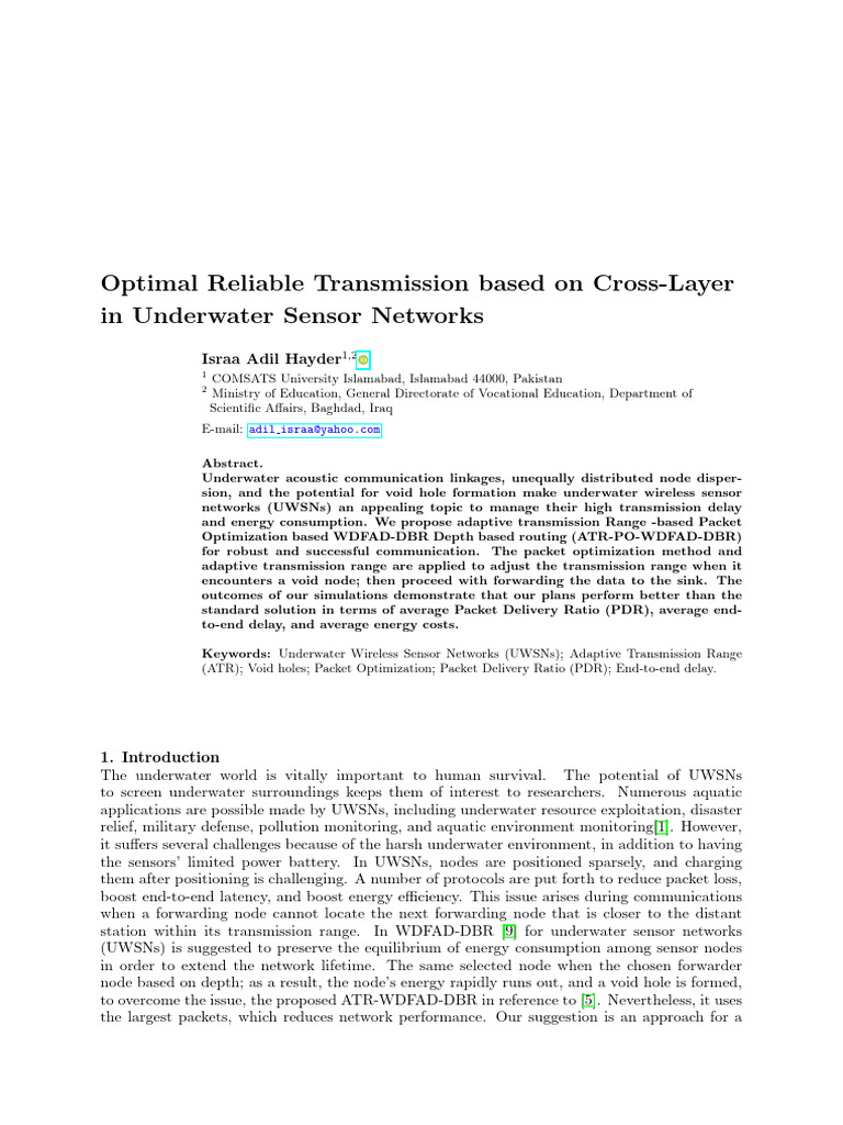 Optimal Reliable Transmission Based On Cross Layer in Underwater Sensor Networks | PDF