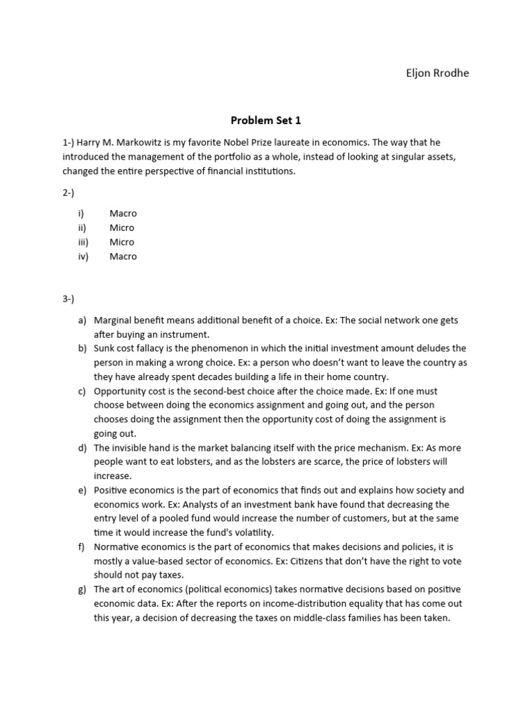 Problem Set 1: Eljon Rrodhe | PDF | Economics | Opportunity Cost