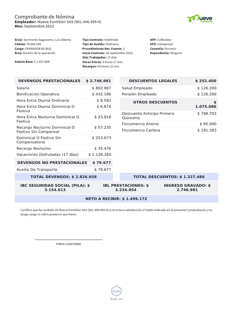 Comprobante de Nómina: Empleador: Mueve Fontibón SAS (901.446.499-4 ...