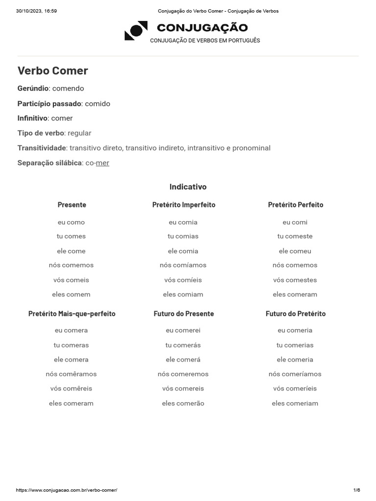 Conjugação Do Verbo Comer - Conjugação de Verbos | Download grátis PDF ...