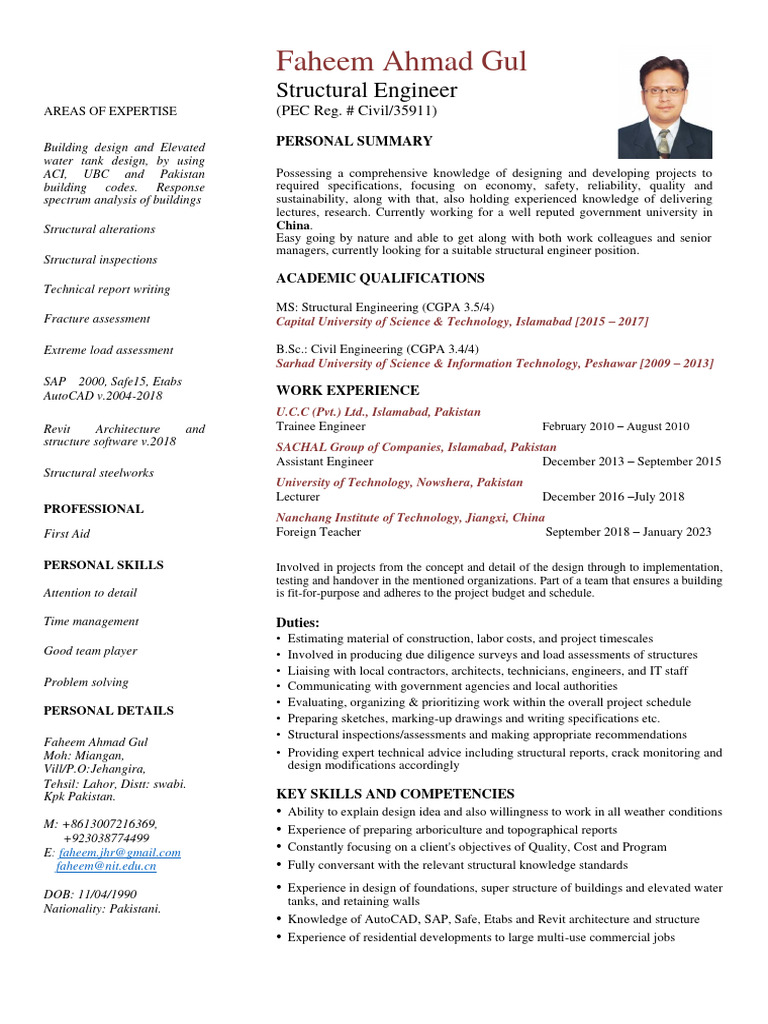Faheem Ahmad Gul: Structural Engineer | PDF | Engineer | Engineering