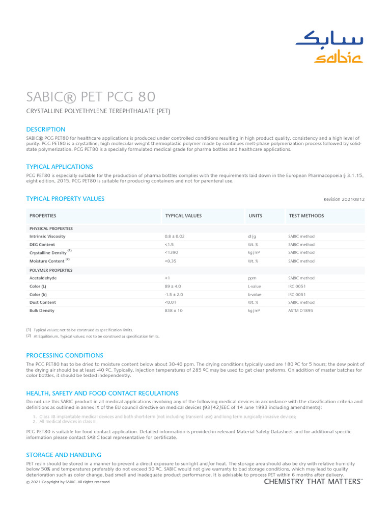 SABIC® PET - PCG 80 - Global - Technical - Data - Sheet | PDF | Materials | Plastic