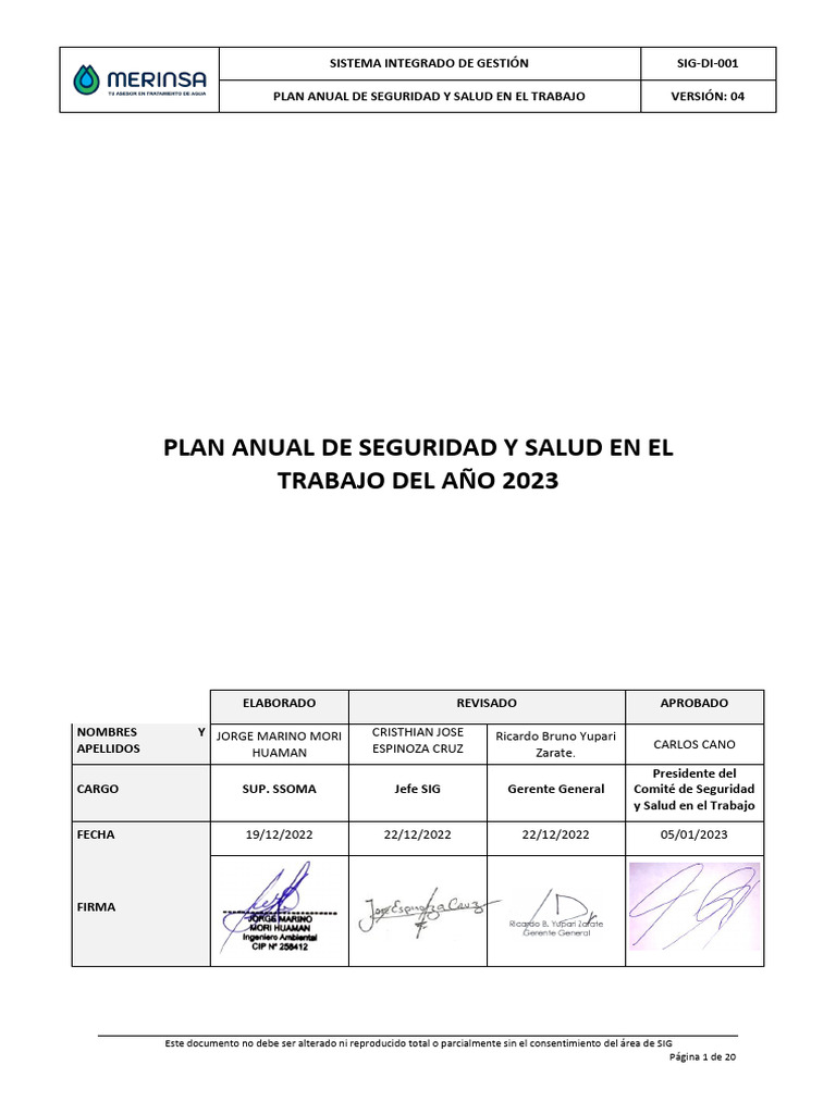 SST-DI-001 Plan Anual de Seguridad y Salud en El Trabajo 2023 | PDF