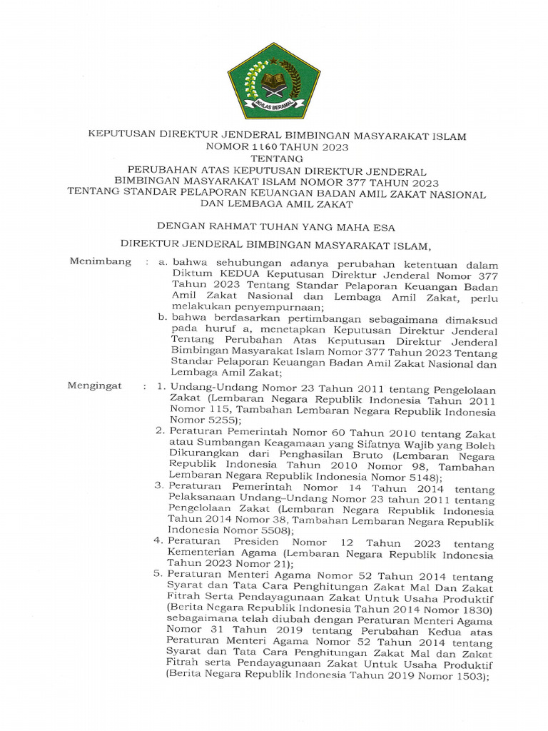 KEPDIRJEN No. 1160 Tentang Perubahan Standar Pelaporan Keuangan BAZNAS Dan LAZ | PDF