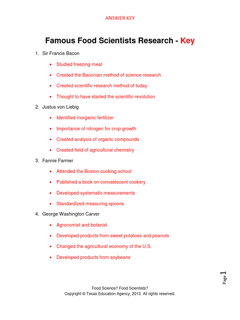 Famous Food Scientists Research Key | PDF