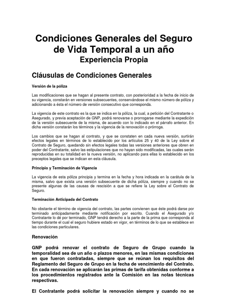 Condiciones Generales Vida Grupo GNP | PDF