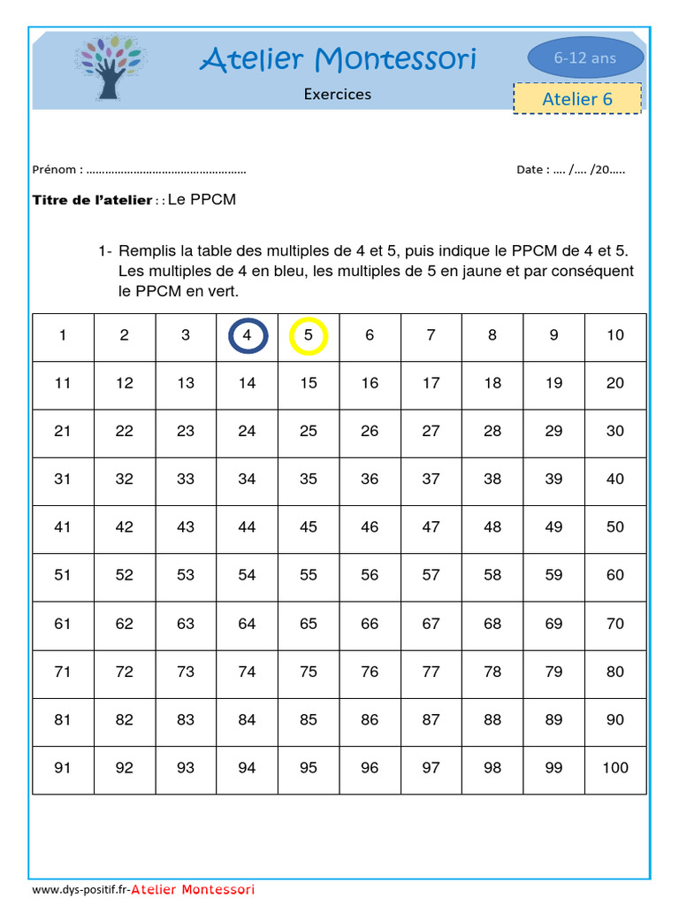 Calcul du PPCM : Atelier Montessori | PDF
