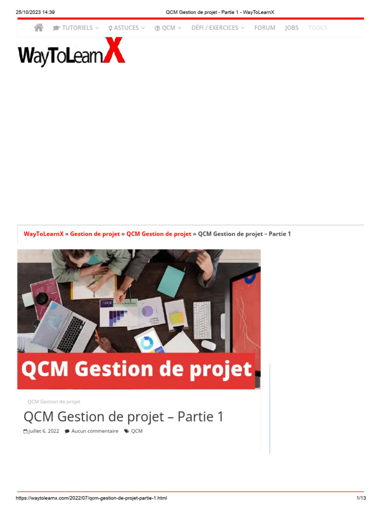 QCM Gestion de Projet - Partie 1 - WayToLearnX | PDF