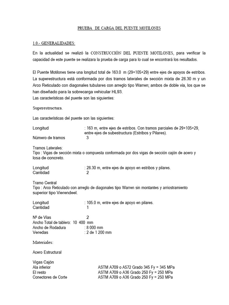 Informe Prueba de Carga Estatica Del Puente Motilones | PDF | Puente | Eje