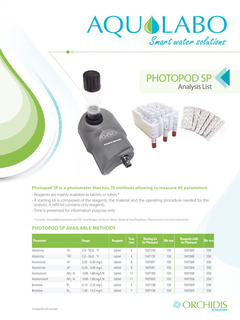 Datasheet Photometer PHOTOPOD SP - Tablet Reagents List | PDF