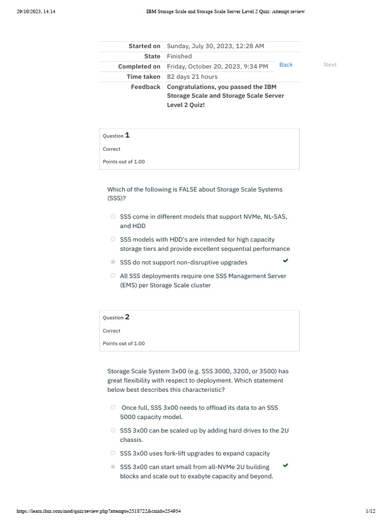 IBM Storage Scale and Storage Scale Server Level 2 Quiz - Attempt Review | PDF | Cloud Computing ...