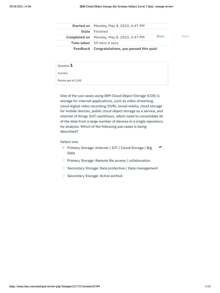 IBM Cloud Object Storage (For Systems Sellers) Level 2 Quiz - Attempt Review | PDF