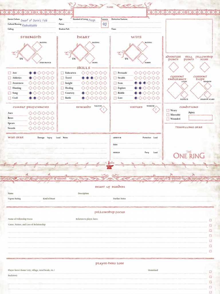 TOR Dwarf Character Sheet With Back Fillable | PDF