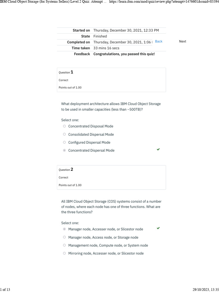 IBM Cloud Object Storage (For Systems Sellers) Level 2 Quiz Attempt Review | PDF | Cloud ...