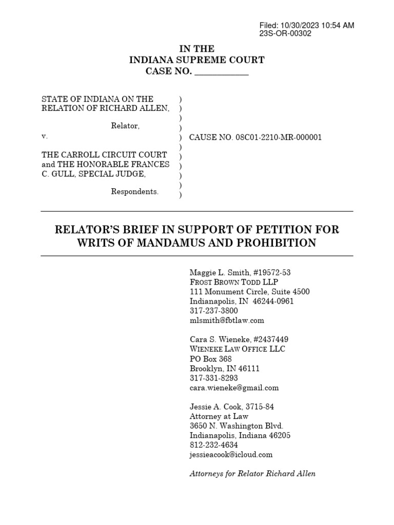 Richard Allen - Brief in Support of Petition For Writs | PDF | Writ Of Prohibition | Mandamus