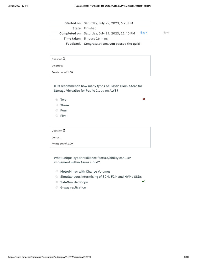 Ibm Storage Virtualize For Public Cloud Level 2 Quiz Attempt Review Pdf