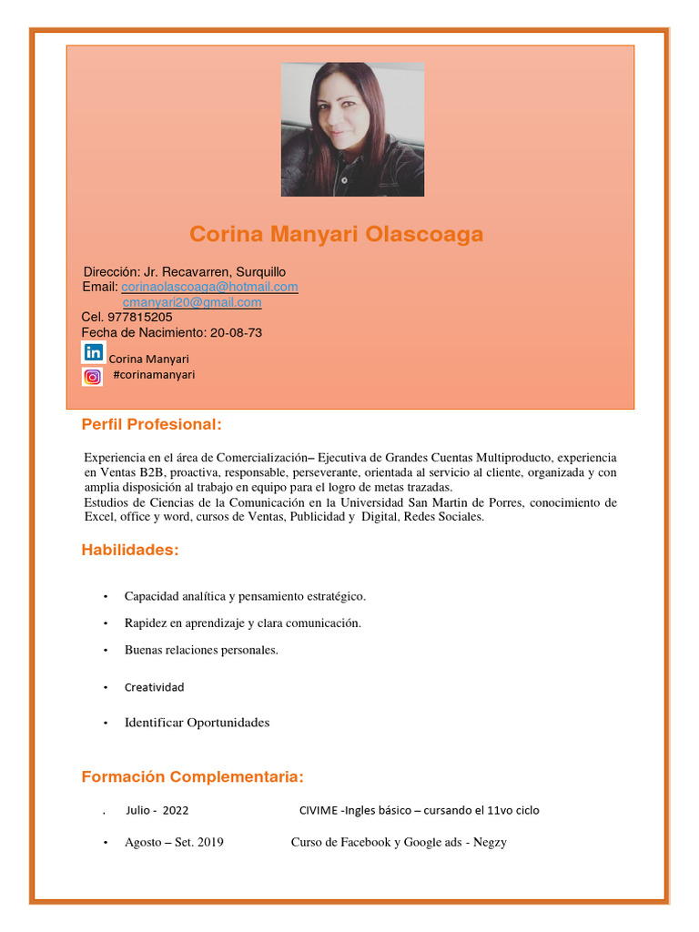 CV Corina Manyari Agosto 2022 | PDF | Marketing | Economias
