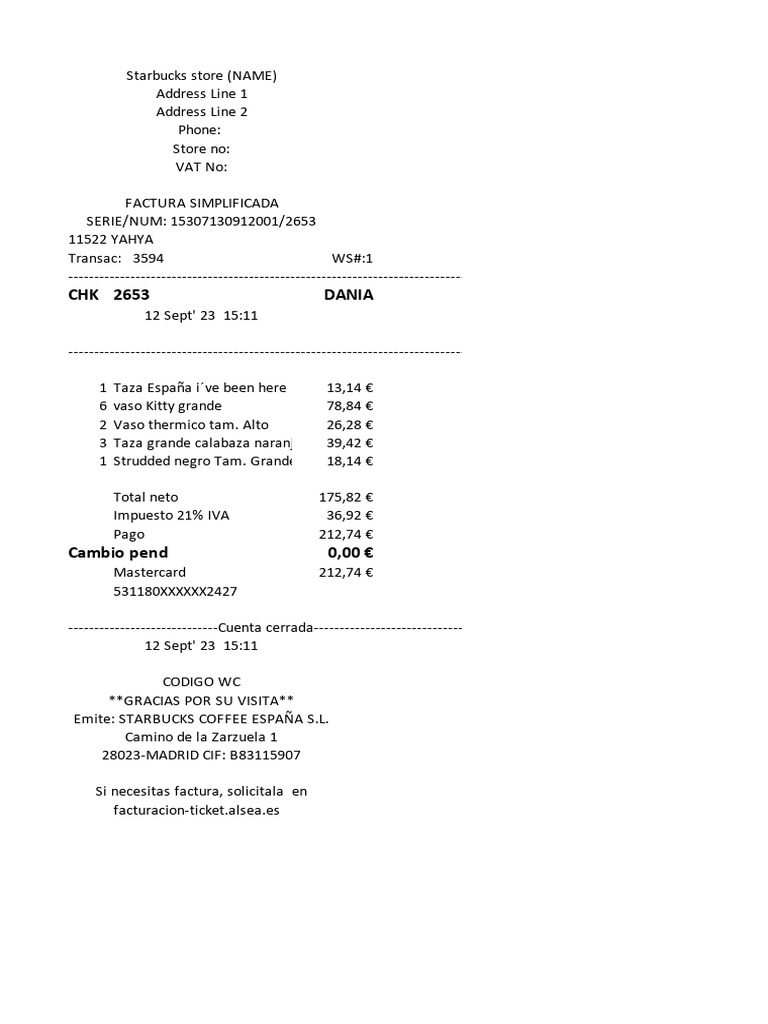 Factura Simplificada Starbucks España | PDF