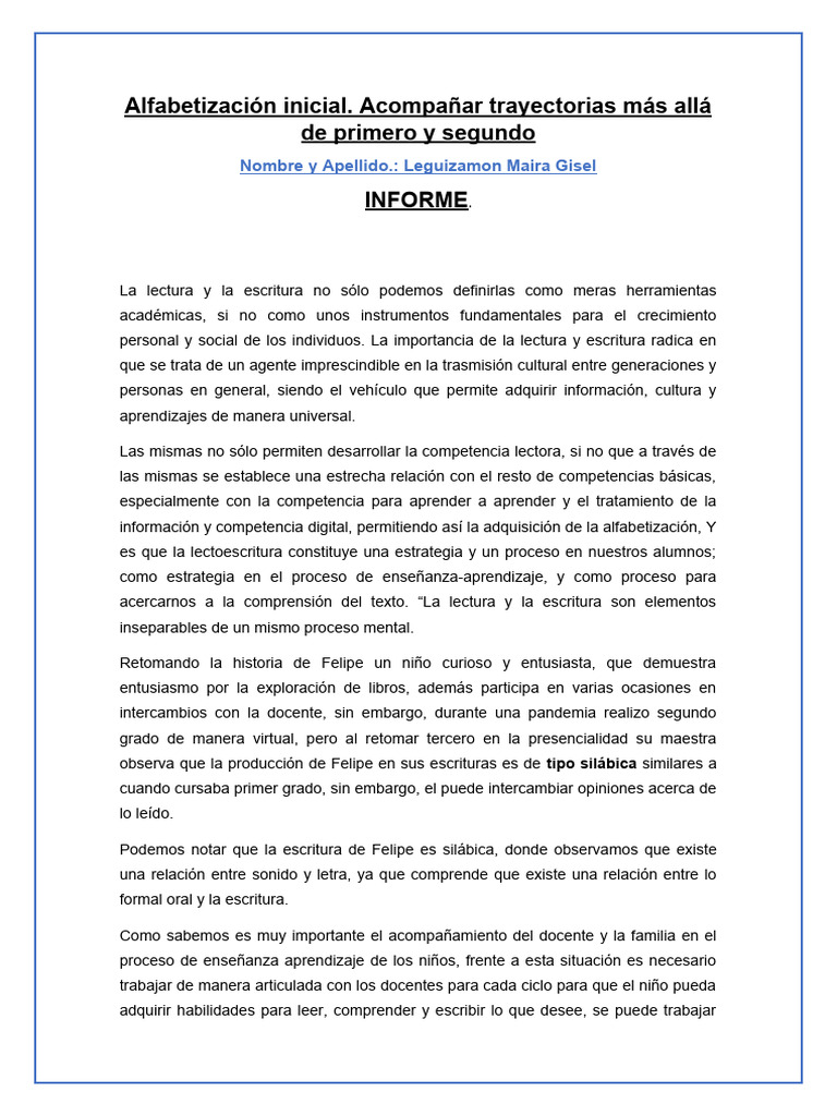 Alfabetización Inicial iNFORME | PDF | Enseñando | Aprendizaje