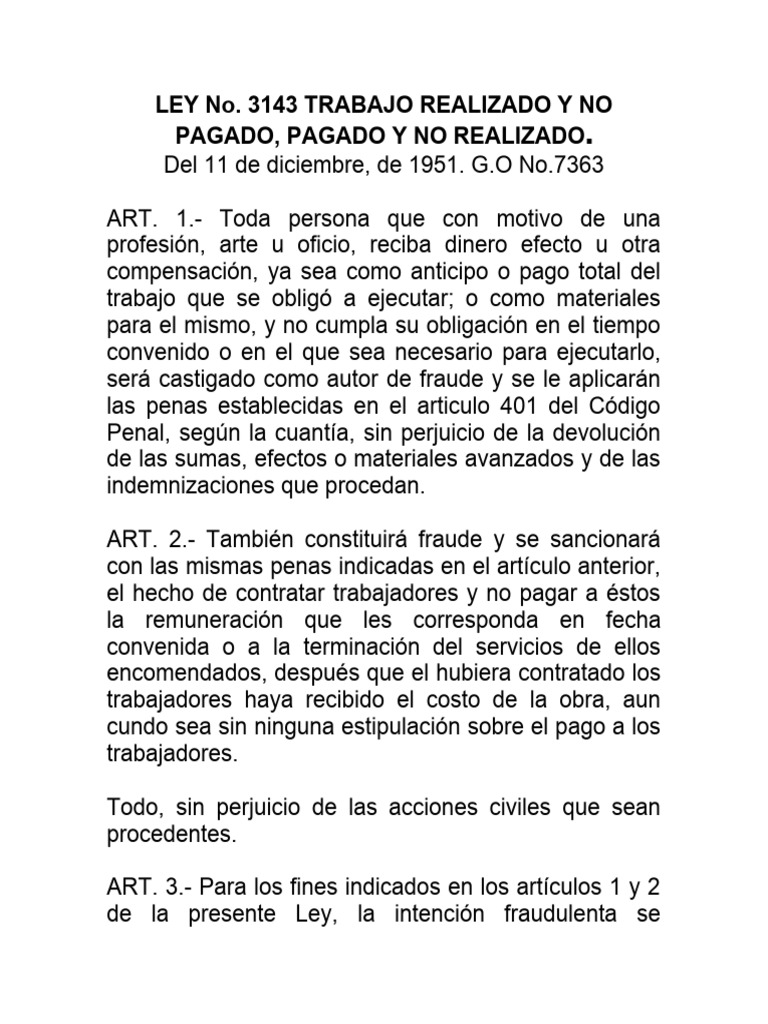 Ley No. 3143 Trabajo Realizado y No Pagado, Pagado y No Realizado | PDF